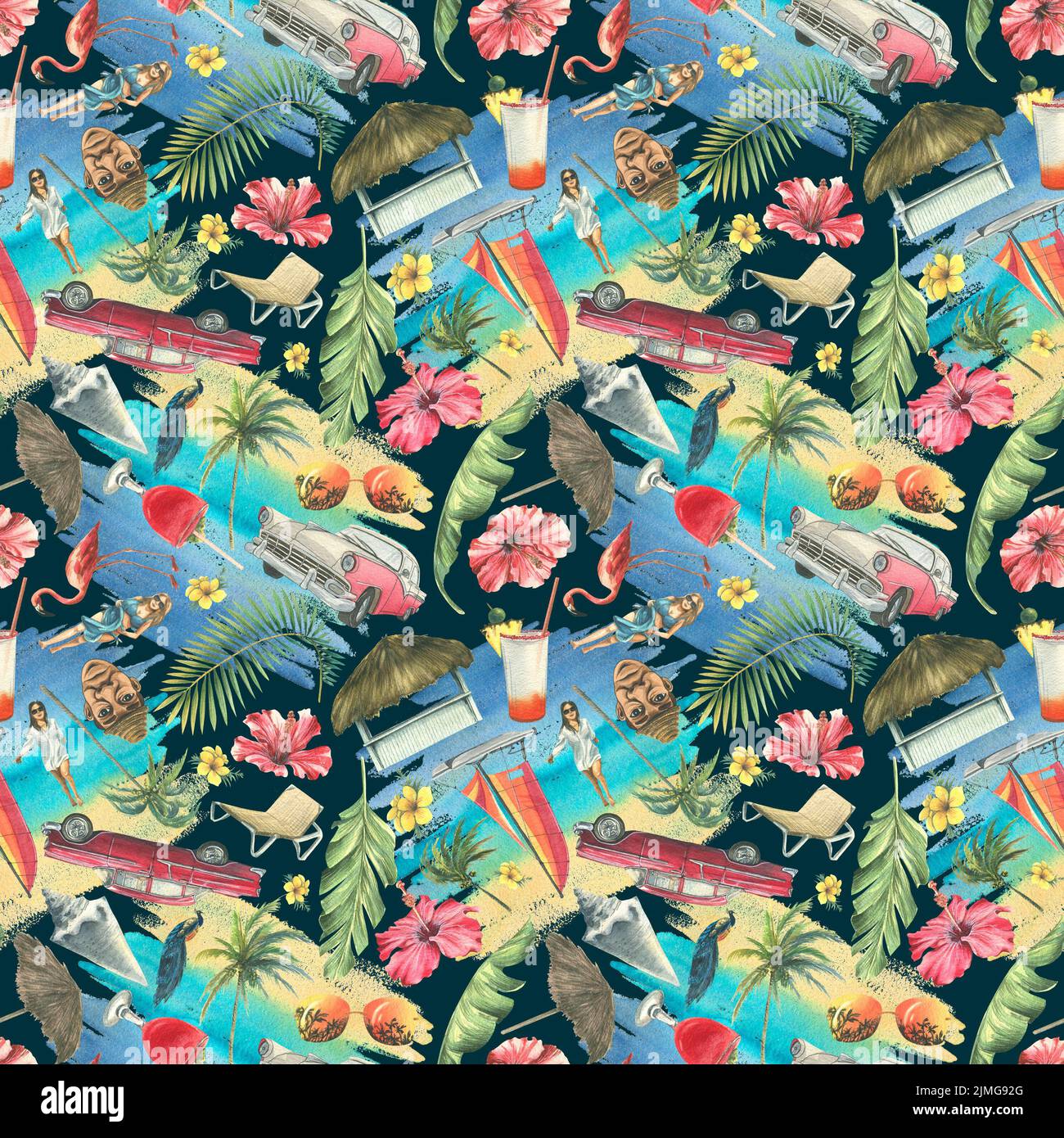 Tropical, Cuban, bright pattern. Seamless on a dark background with ...