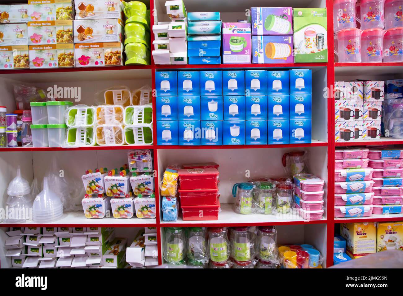 Colorful Varieties Plastic houseware products on the supermarket Shelf ...
