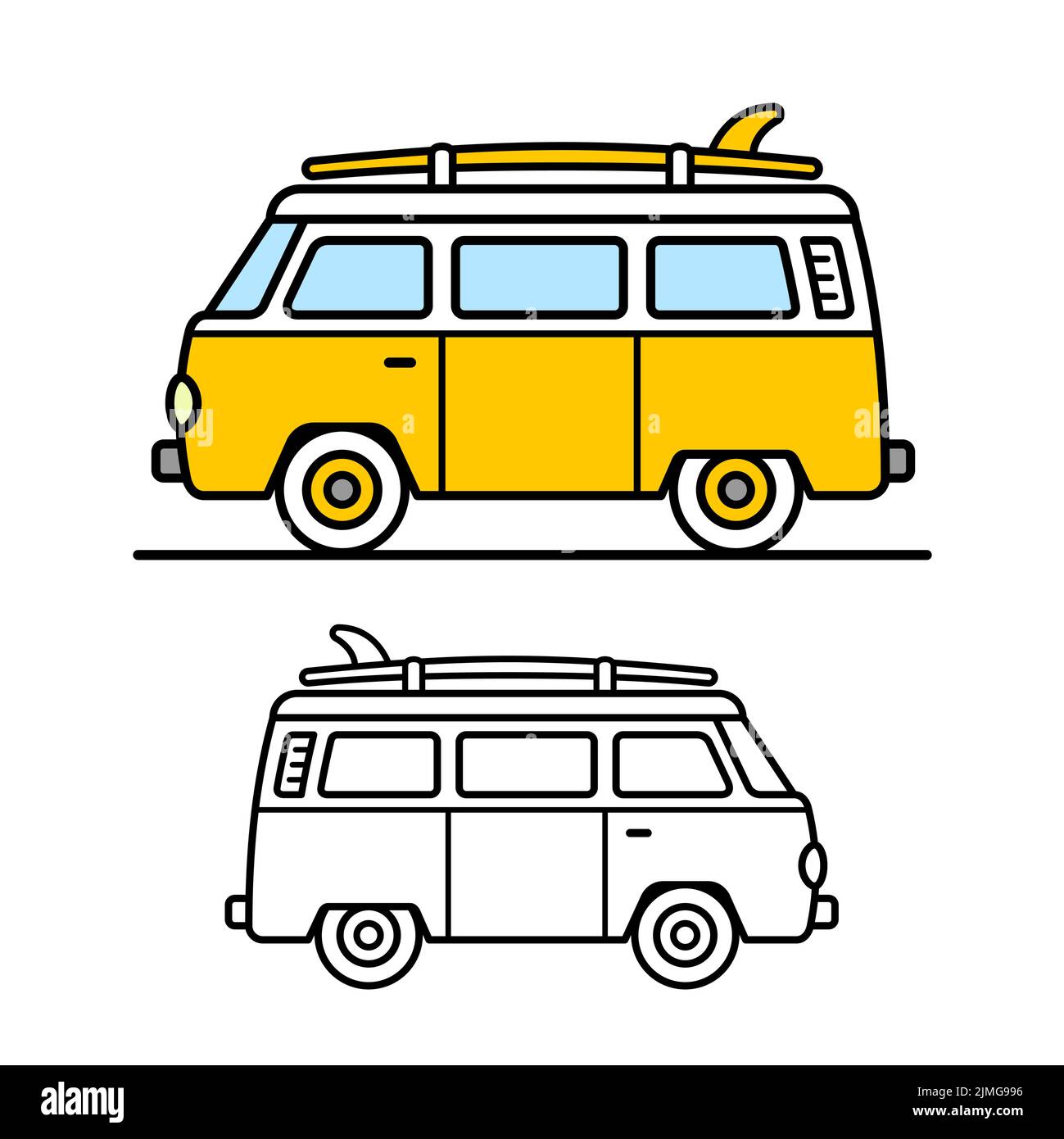 Yellow retro surfer van with surfbord on the ro in bold black outlines ...