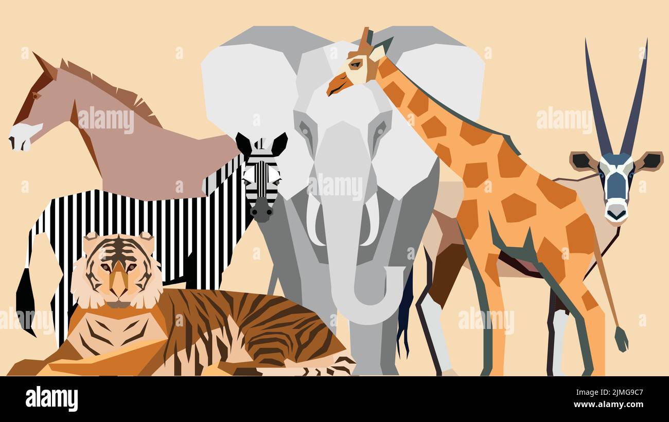 A vector illustration of wild zoo animals isolated on a beige ...