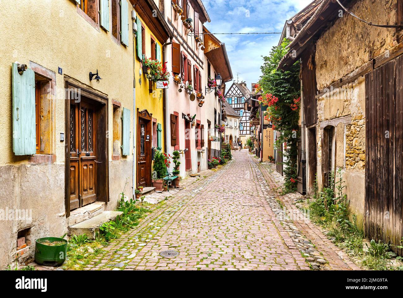 Streetscape of Eguisheim medieval village in Alsace, France Stock Photo ...