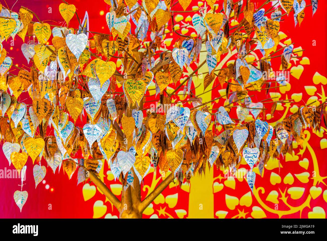 Make merit golden red money tree Wat temple Bangkok Thailand Stock ...