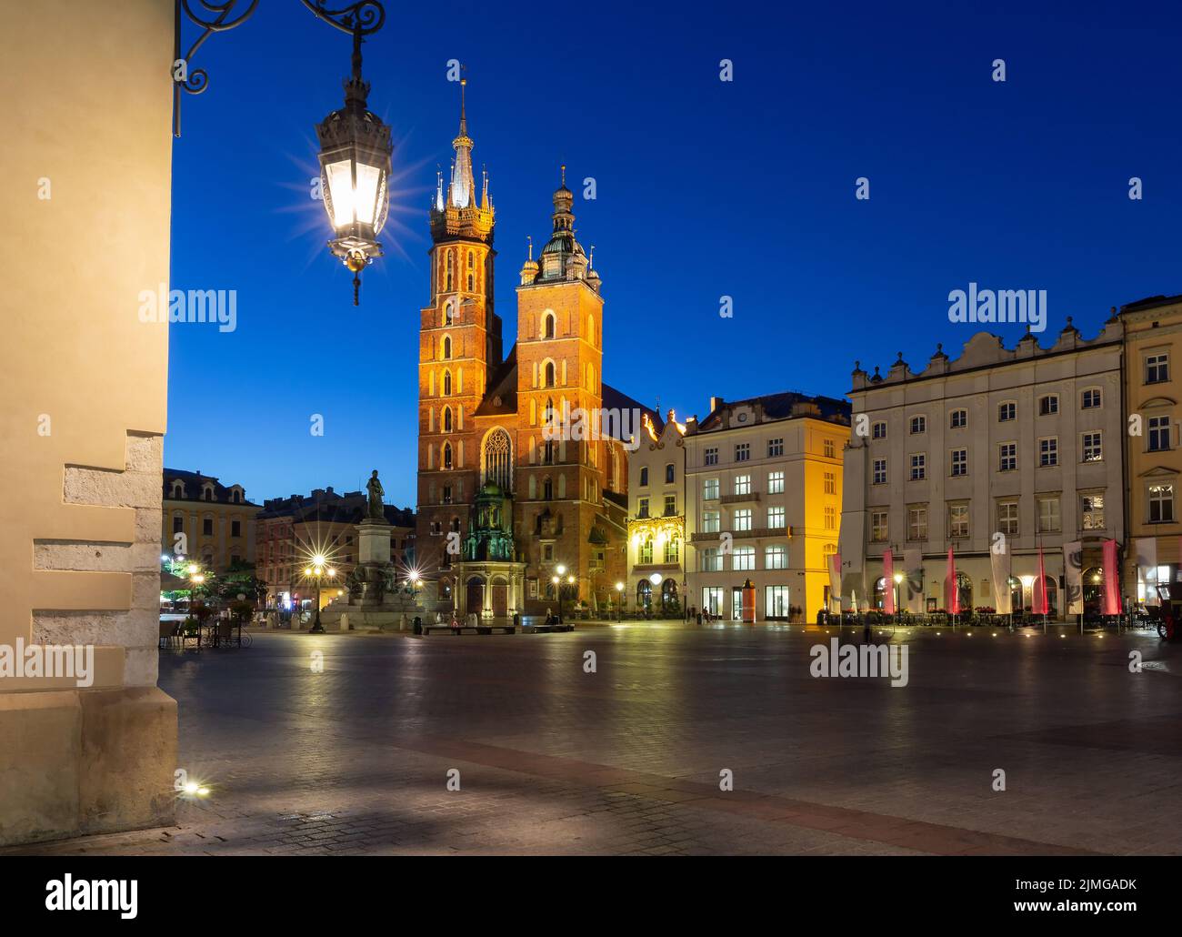 St. Mary's Church on the market square in night lighting. Krakow ...