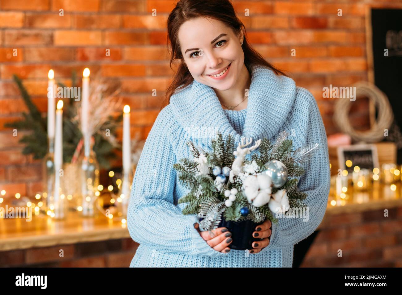 christmas celebration portrait lady fir tree gift Stock Photo - Alamy