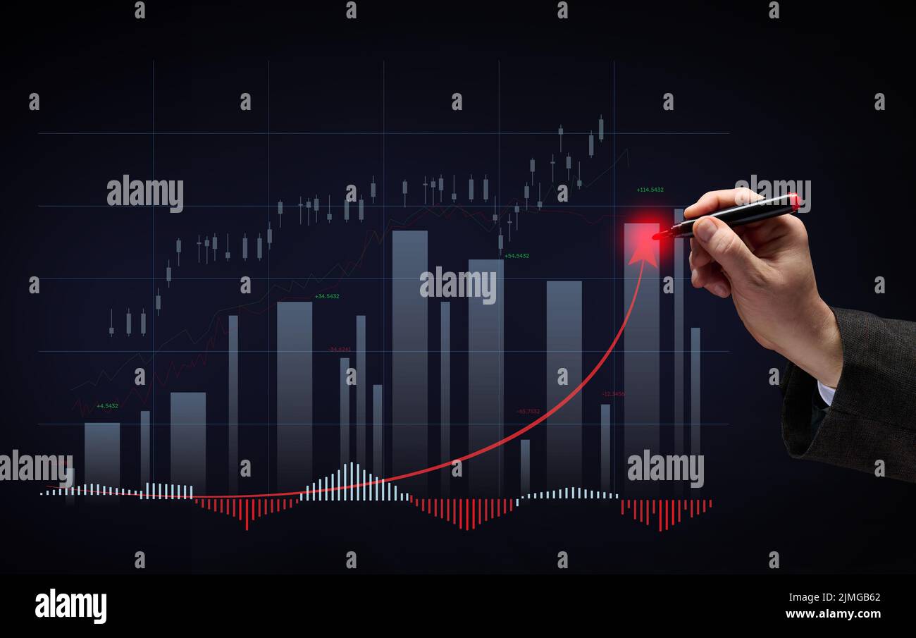 Holographic graph with growing indicators and a man's hand with a ...