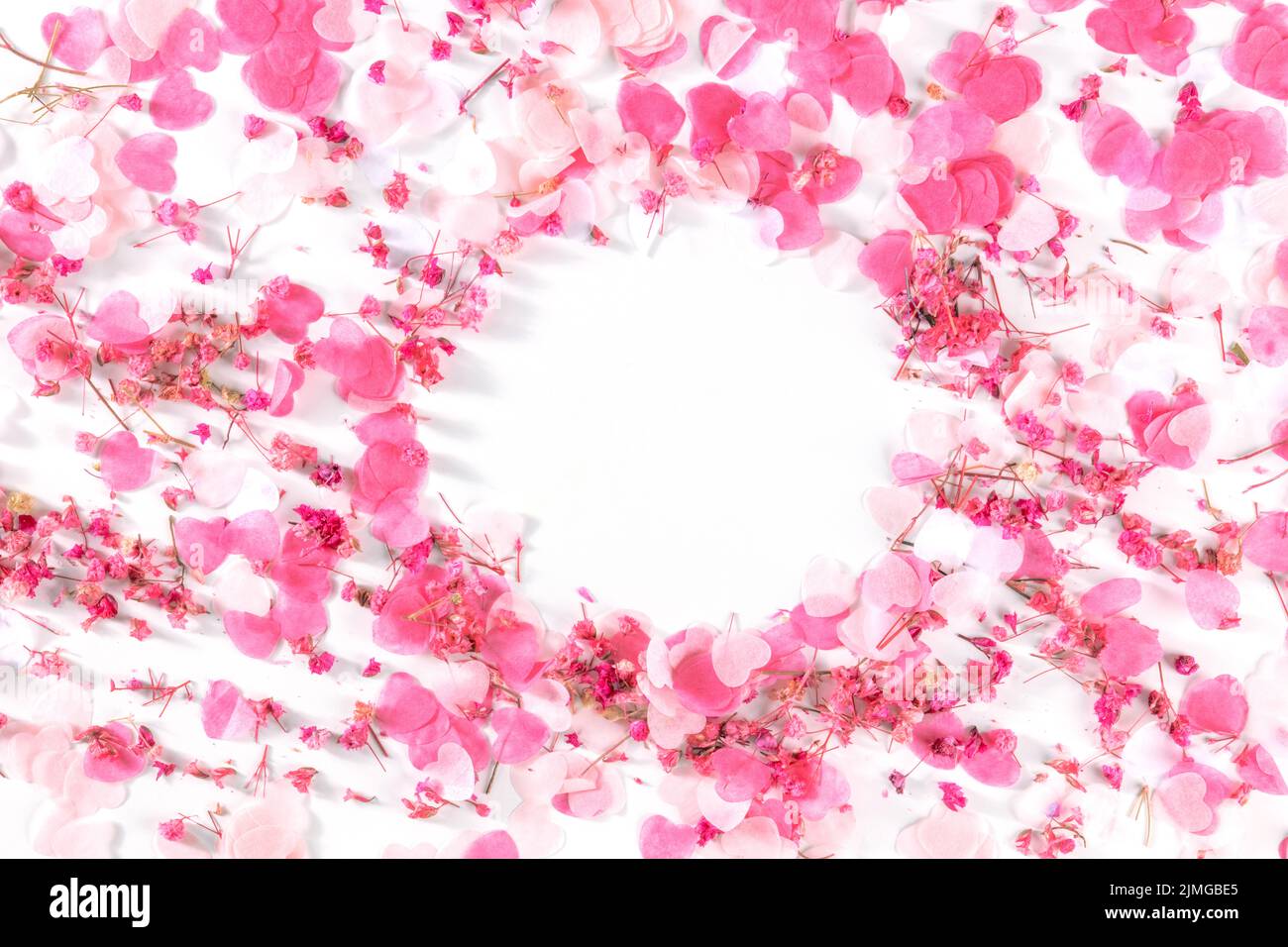 Valentine day background with paper pink hearts and rose flowers ...
