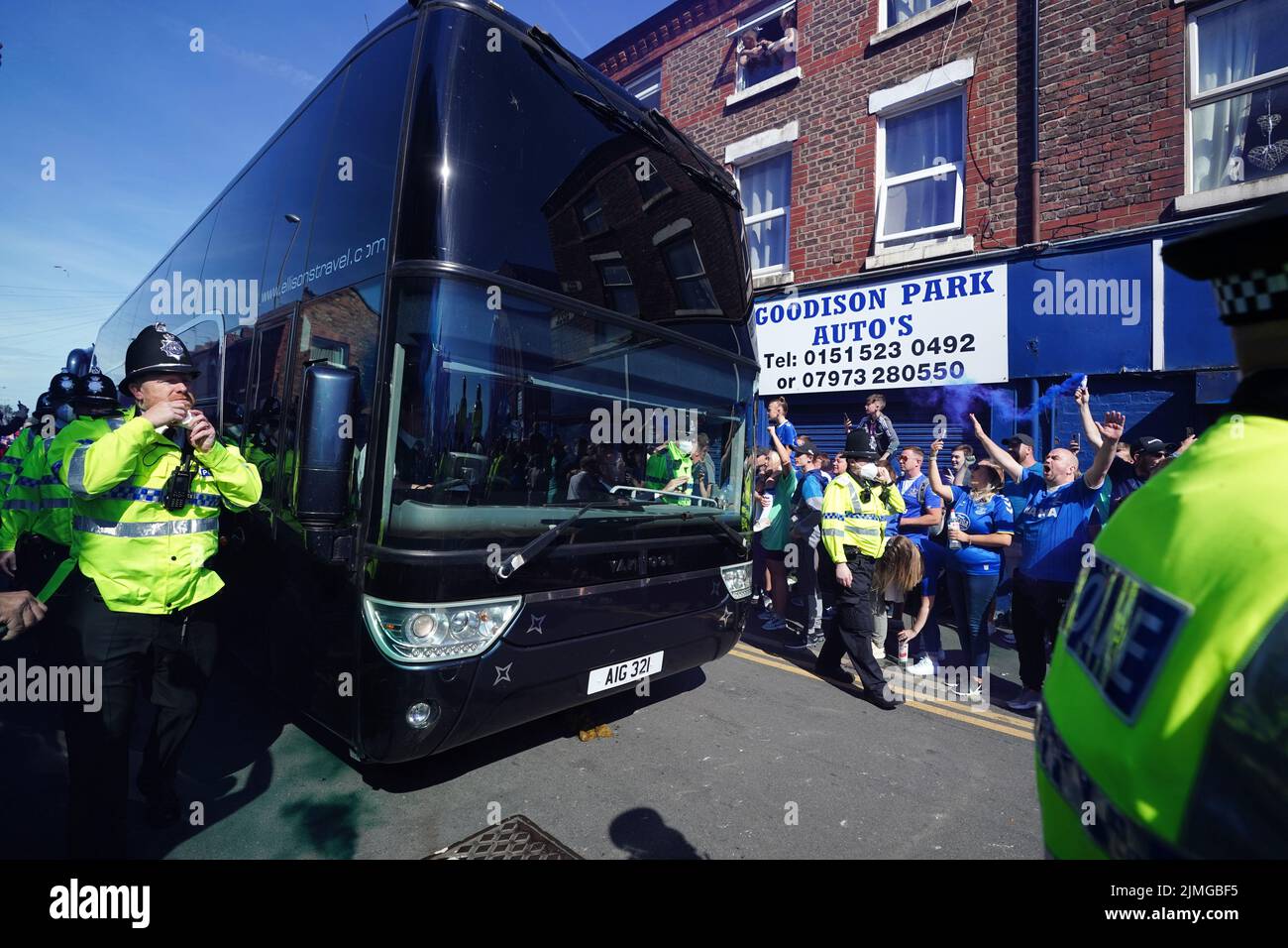 The Everton team bus arriving to a crowd of fans ahead of the Premier ...