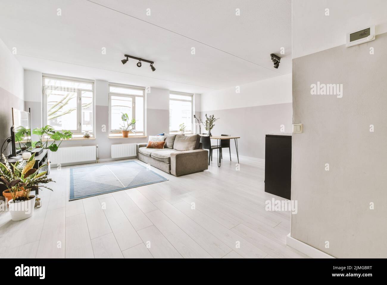 Simple interior of light living room with gray sofa in front of TV and ...