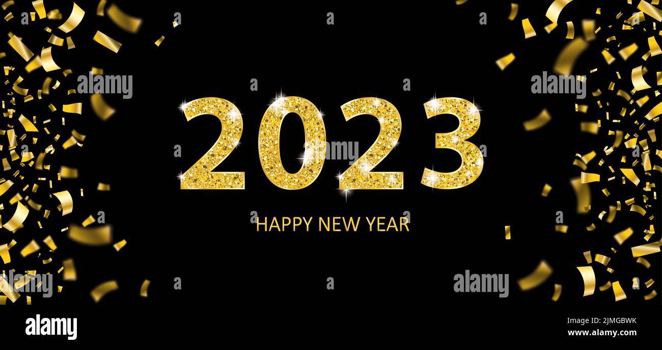 2023 New Year Golden Confetti Black Header Stock Photo - Alamy