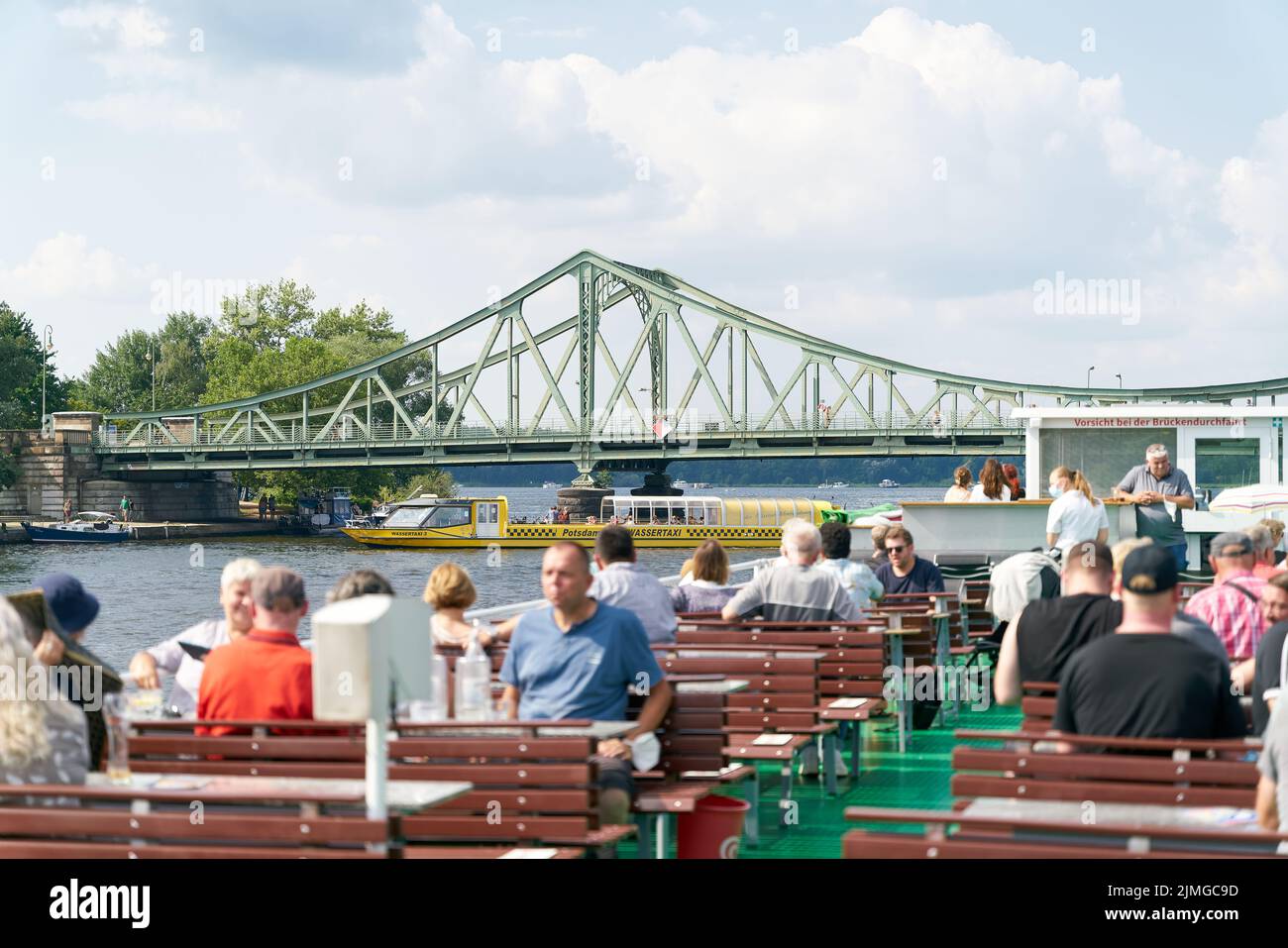Excursion boat on the Havel River at Glienicke Bridge between Berlin ...