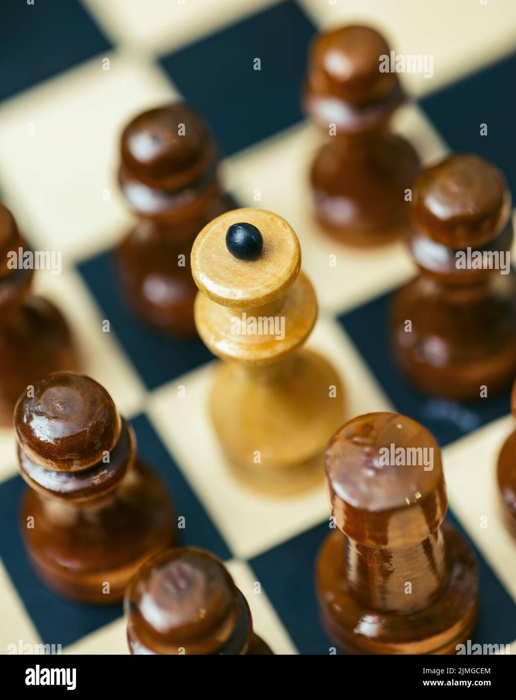 Chess pieces stand on a chessboard. Pawns surrounded the queen Stock ...