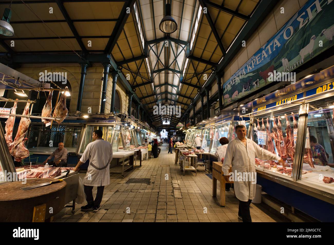 View of the interior of the meat market at the central market in Athens ...