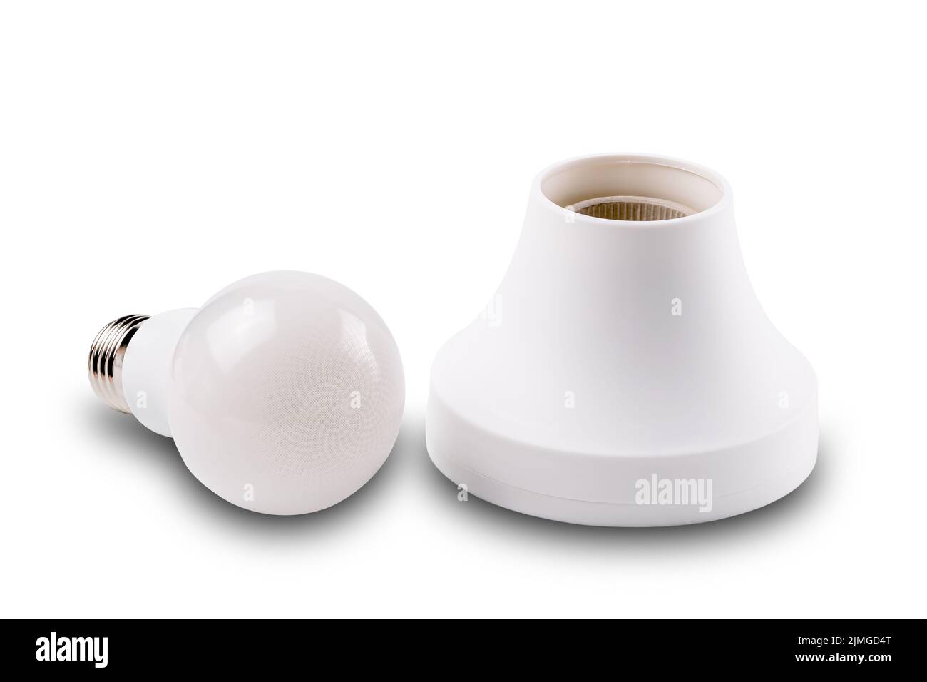 White led light bulb and white plastic socket isolated on white ...