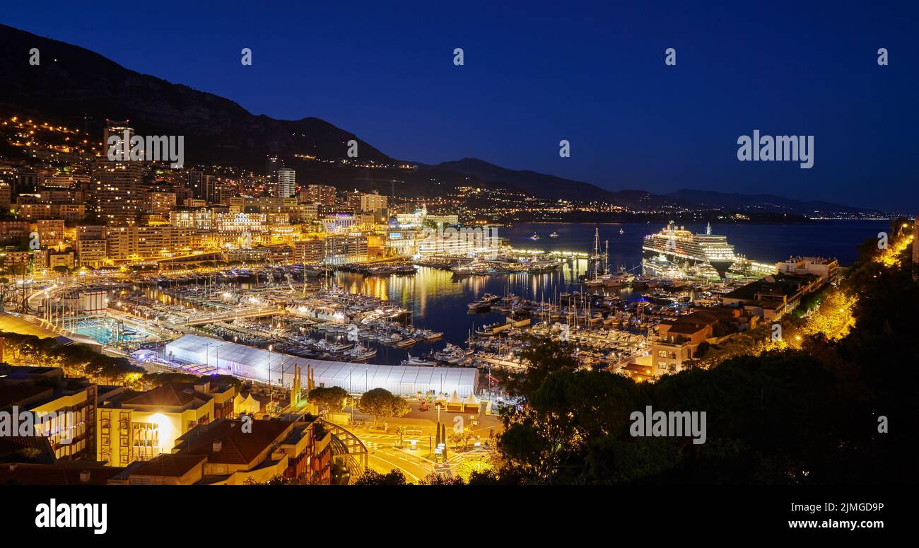 Aerial view of port Hercules in Monaco - Monte-Carlo at dusk, a lot of ...