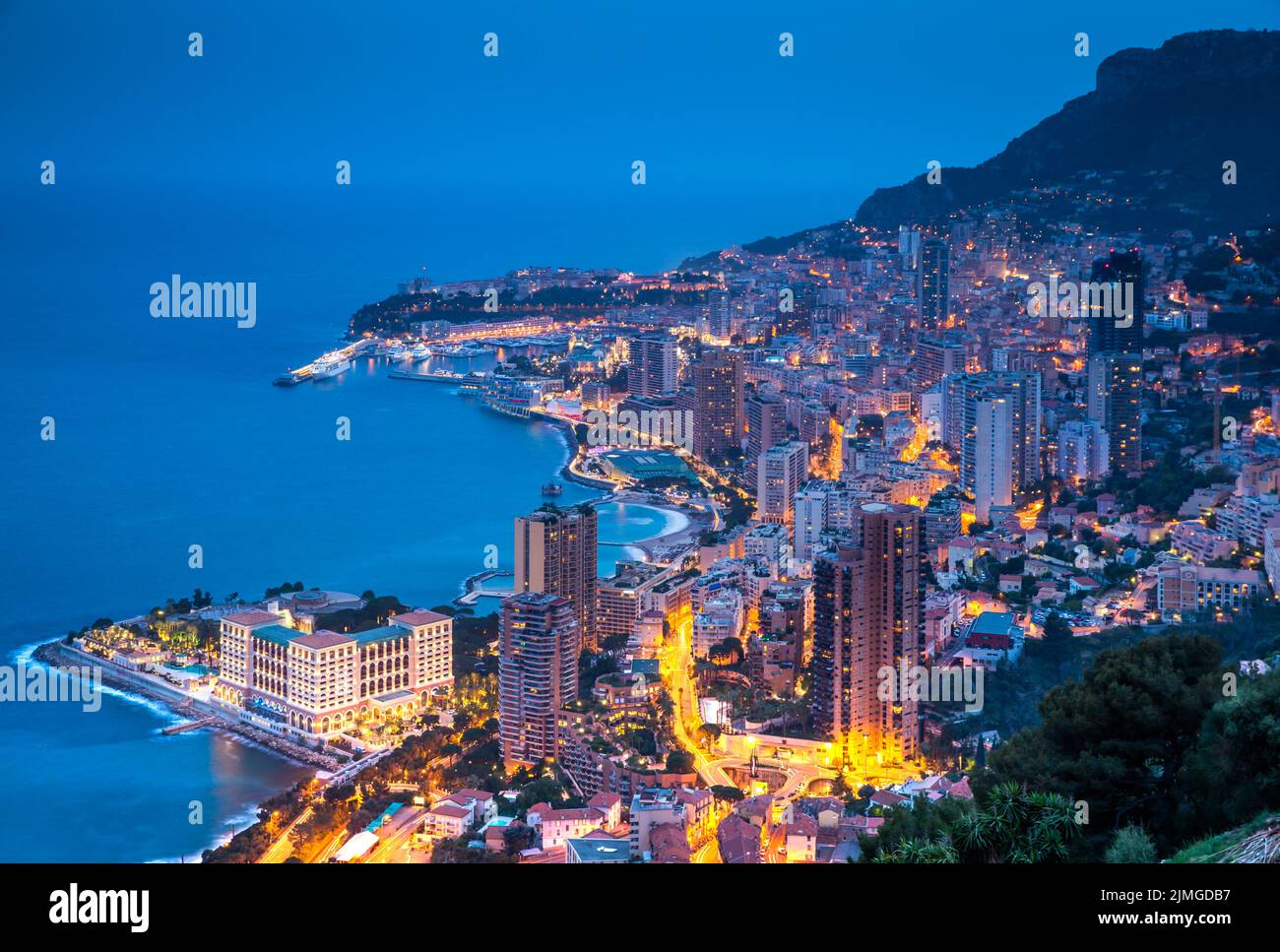 Aerial view of Monaco - Monte-Carlo at dusk, cityscape with night ...