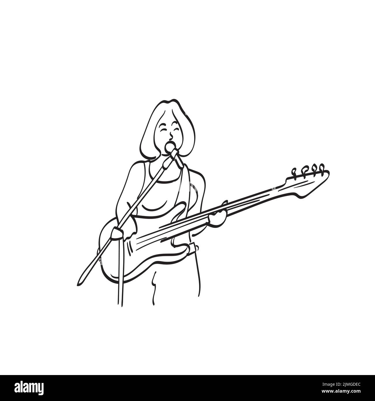 female singer with electric bass guitar and microphone illustration ...