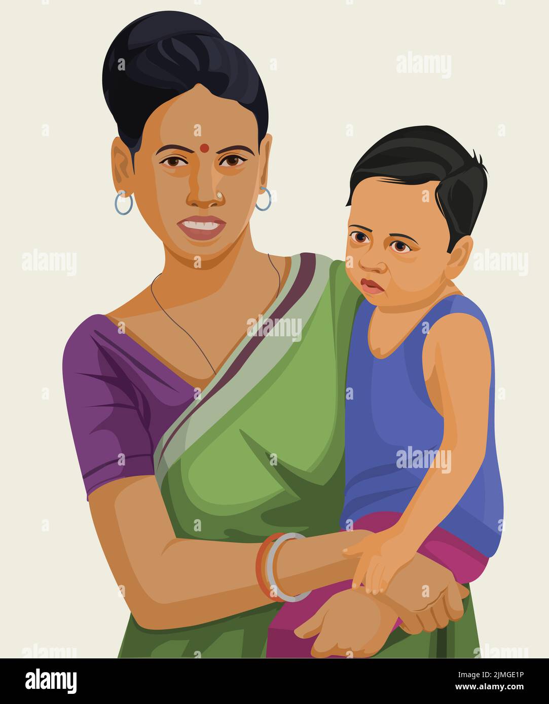 A vector design of an Indian woman mother holding her baby on a white ...