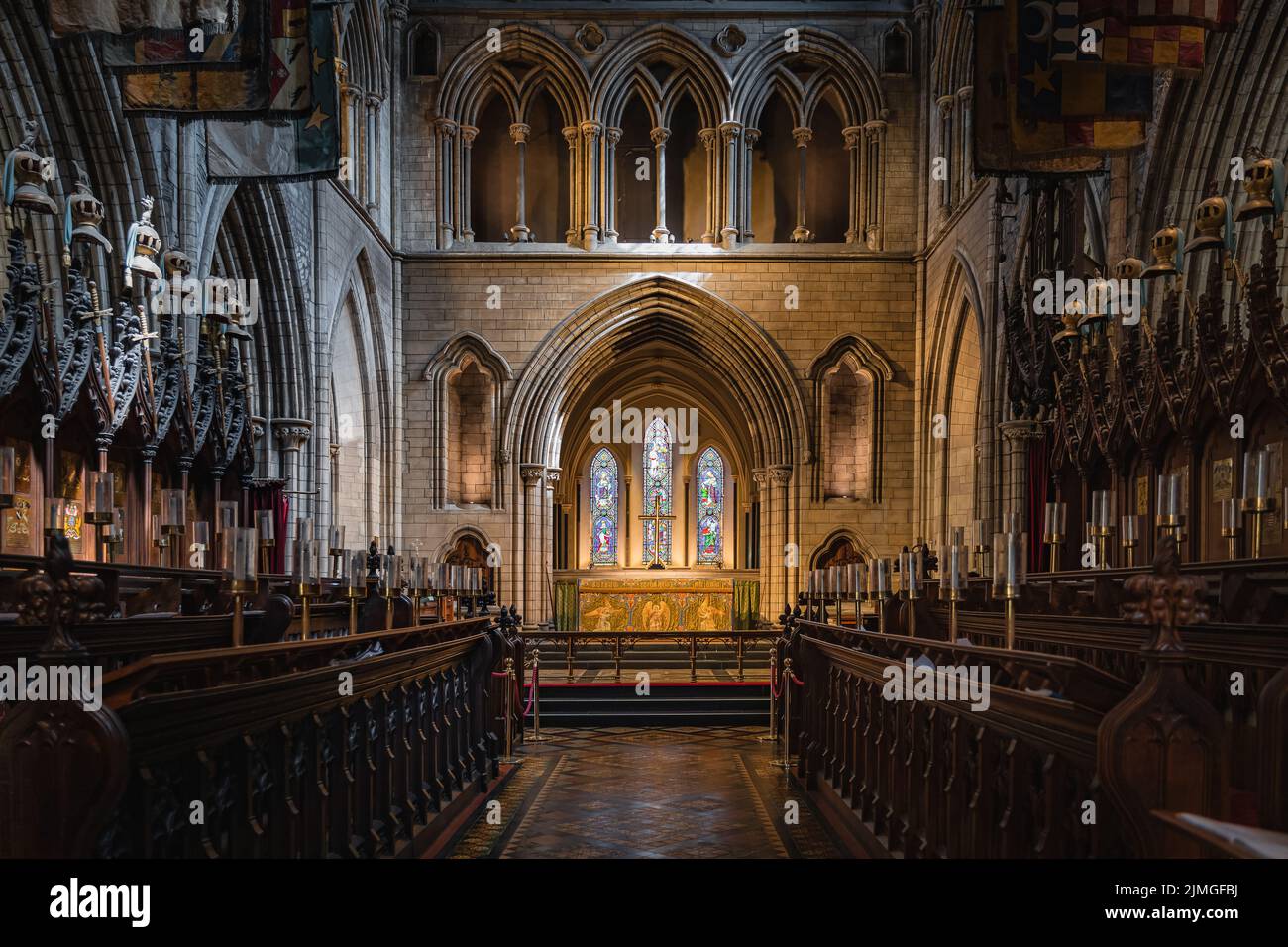 Beautifully illuminated main altar in St. Patricks Cathedral, Ireland ...