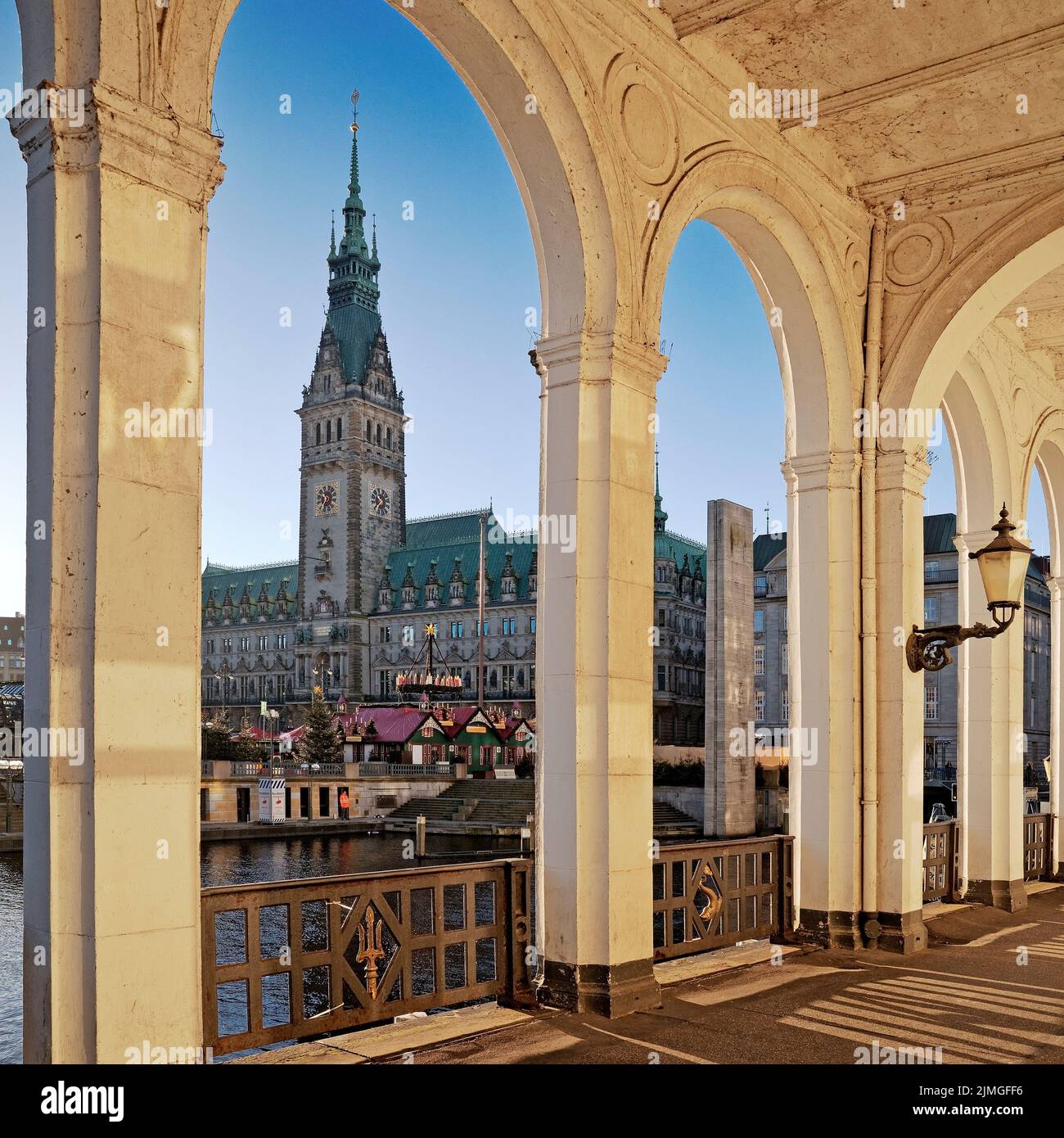 Alster arcades with a view of the town hall tower, Hamburg, Germany ...