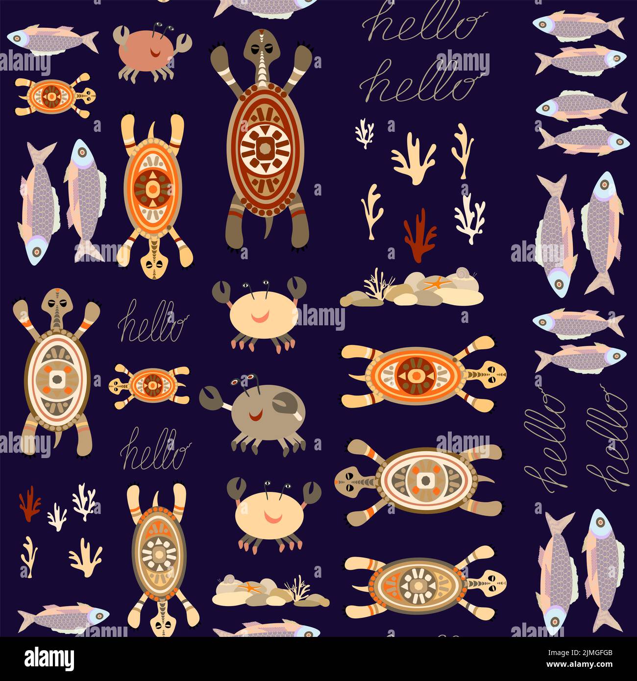colorful fish, crabs and turtles seamless pattern without background ...