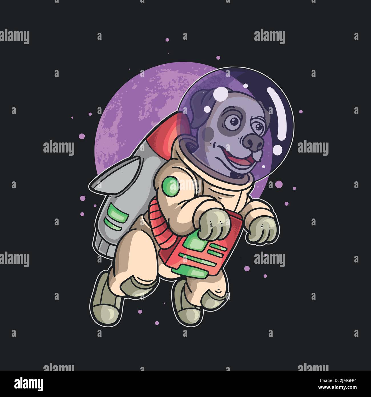 A vector design of a cute dog astronaut on a black starry background ...