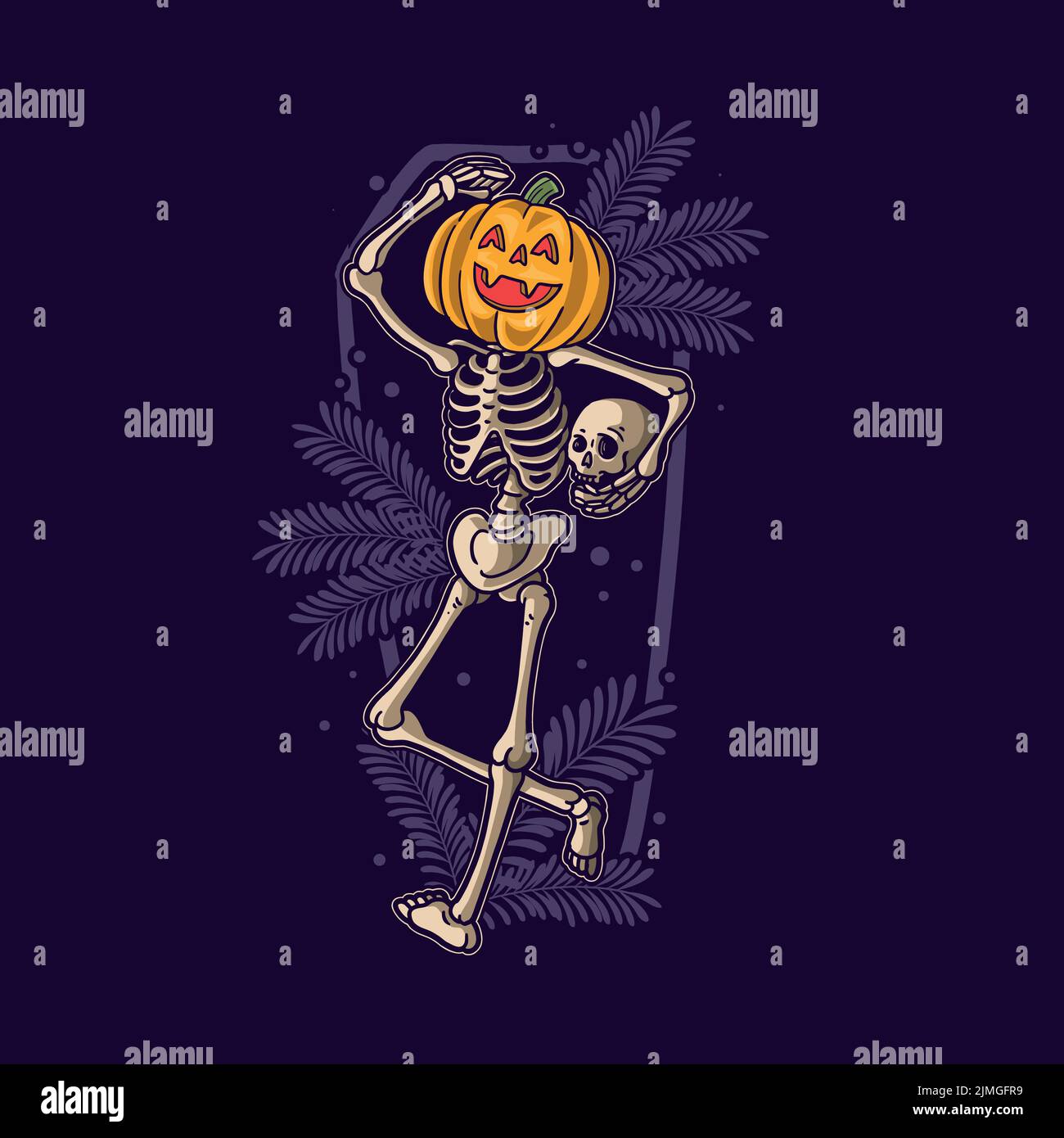 A vector design of a funny skeleton with a pumpkin head dancing on a ...