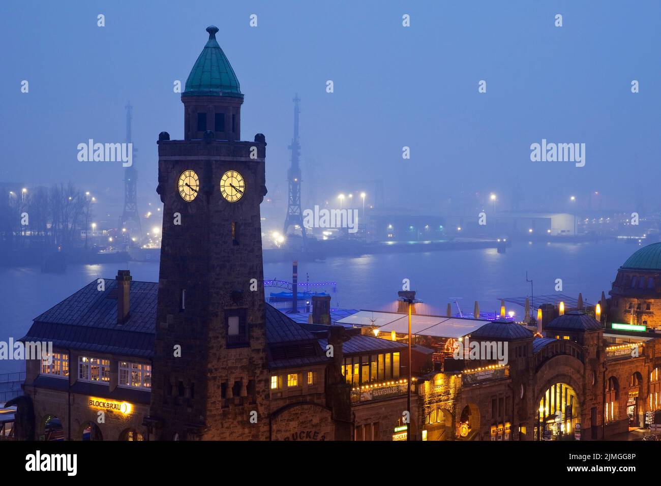 Clock tower and level tower in the evening, Landungsbruecken, St. Pauli ...