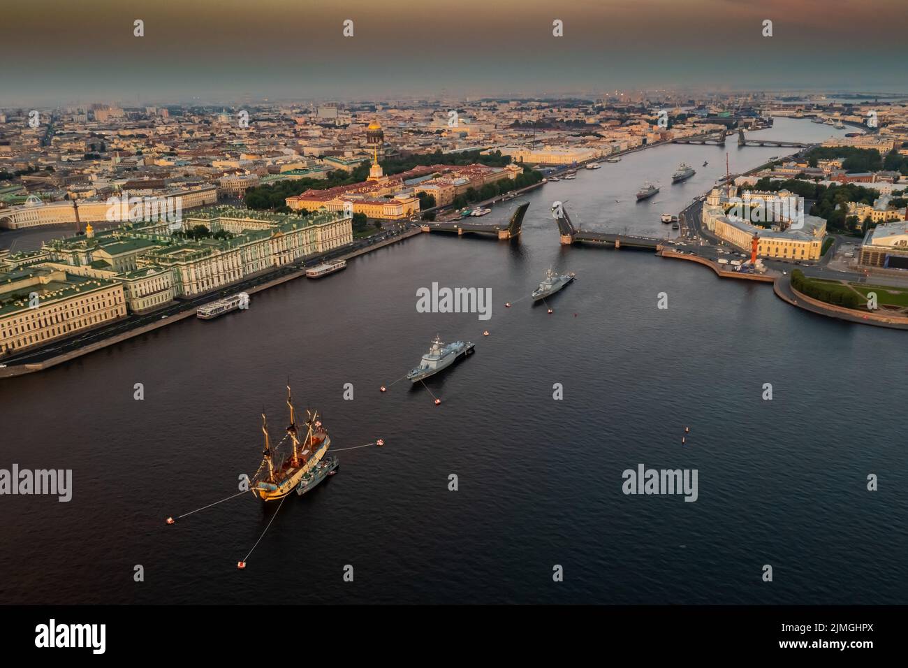 Aerial landscape with warships in the Neva River before the holiday of ...