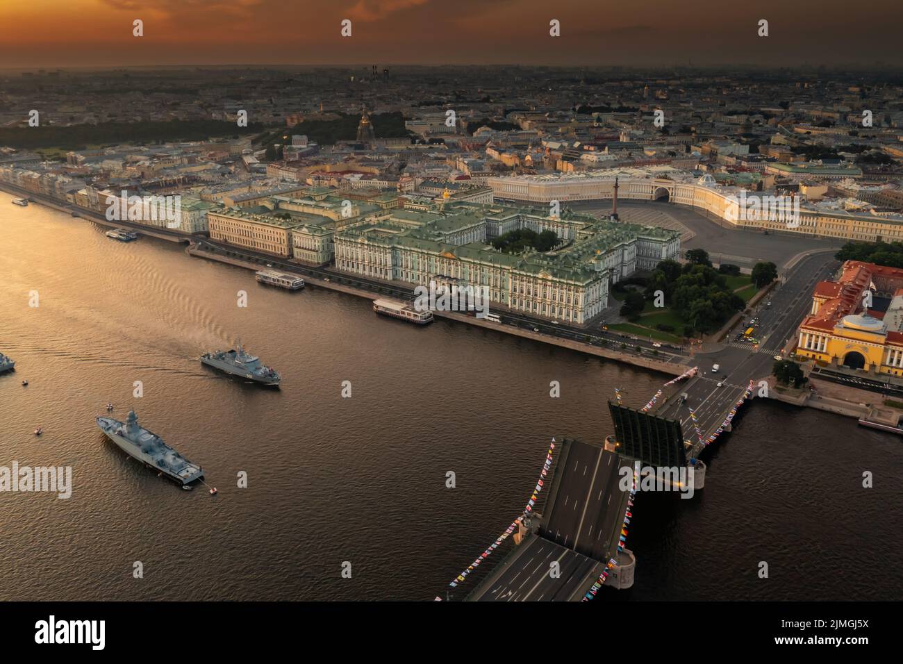 Aerial landscape with warships in the Neva River before the holiday of ...