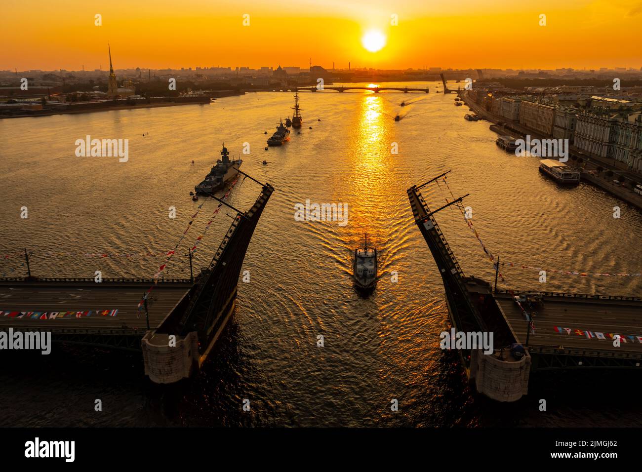 Aerial landscape with warships in the Neva River before the holiday of ...