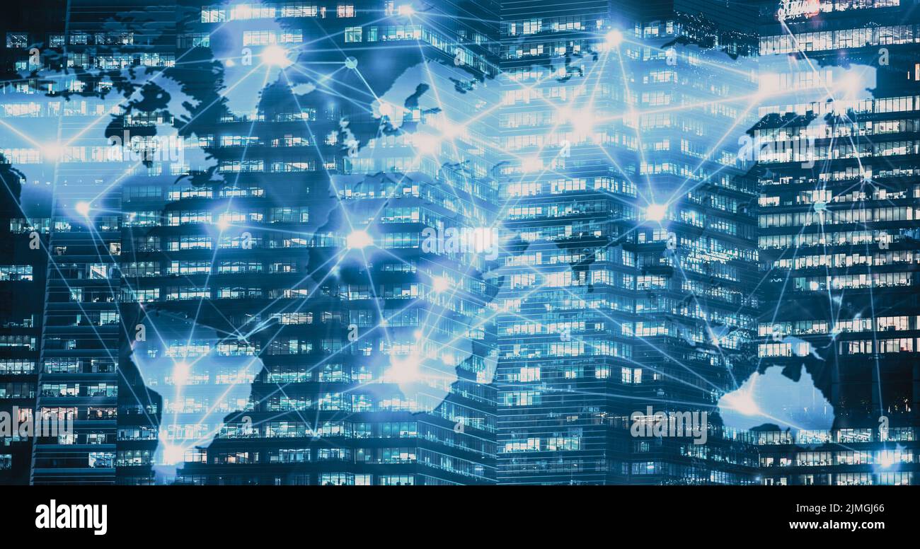 Connection lines and skyscrapers in background global network concept ...