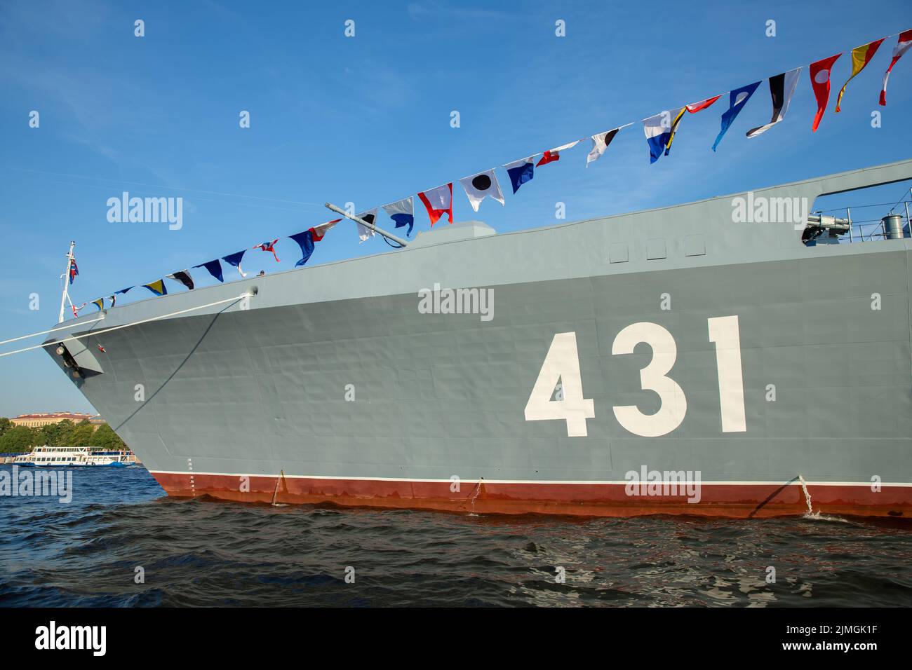 The landscape with warships in the Neva River before the holiday of the ...