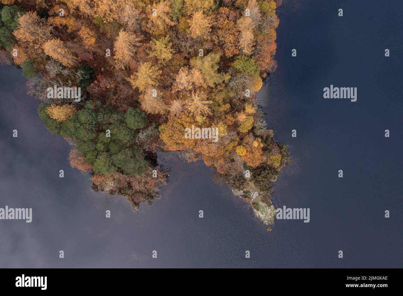 Beautiful aerial drone bird's eye view landscape image of Derwentwater in Lake District with ...