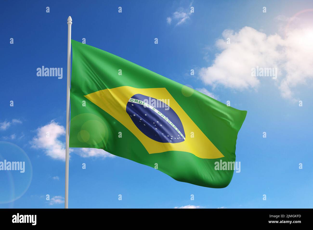 Flag of Brazil on blue sky. 3d illustration Stock Photo - Alamy