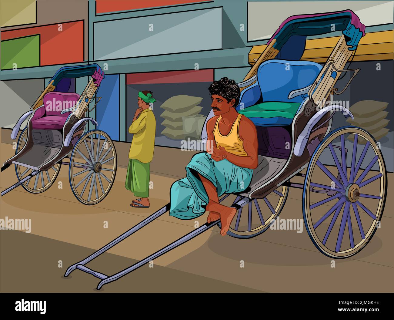 A vector design of an Indian rickshaw puller sitting on his rickshaw and waiting for passengers ...