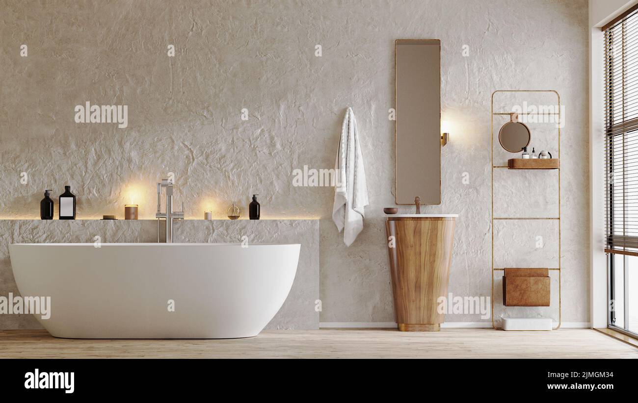 Modern bathroom interior with tub and wooden stand sink, mirror, bath ...