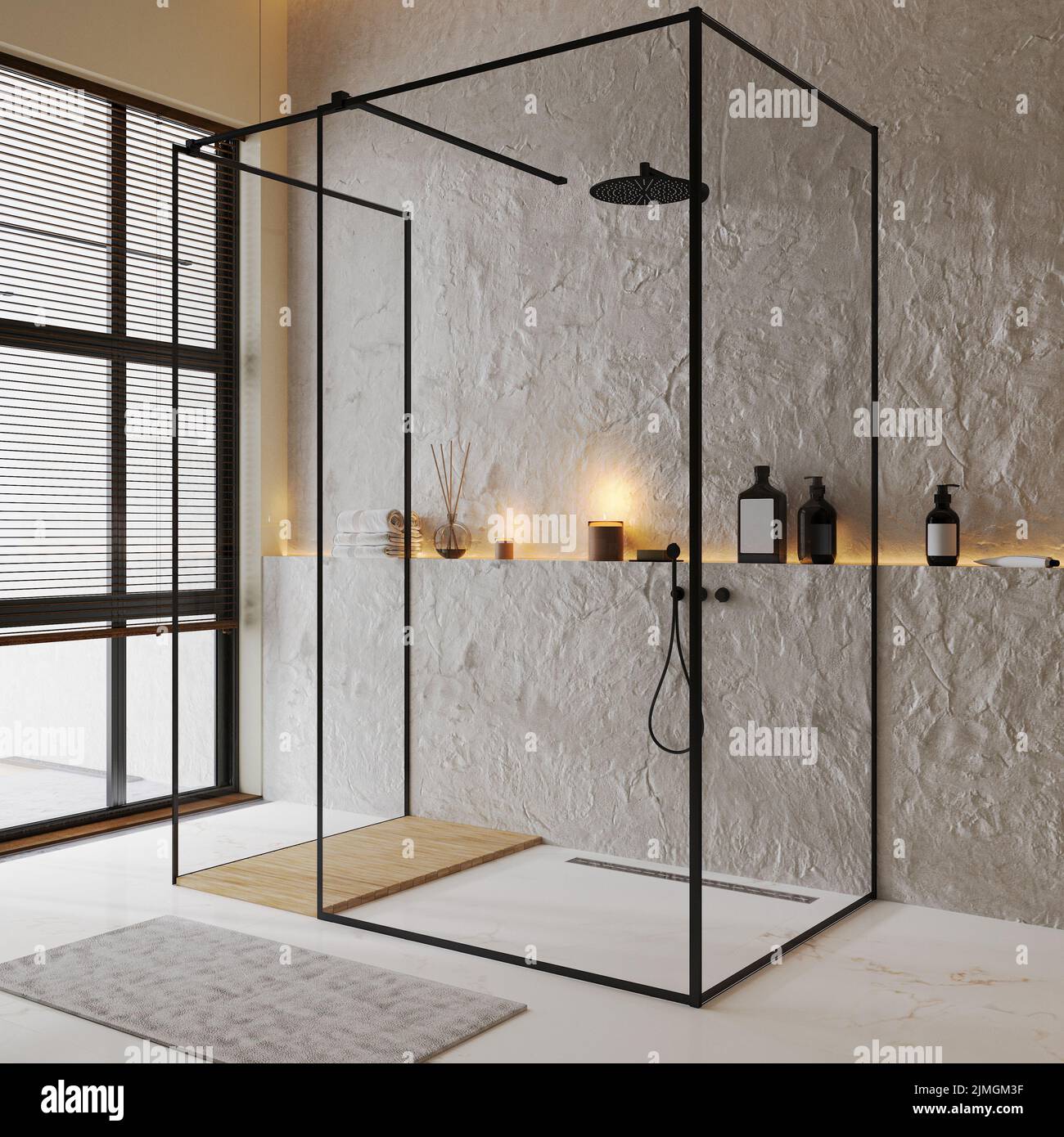 Shower cabin in luxury contemporary bathroom interior with decorative ...