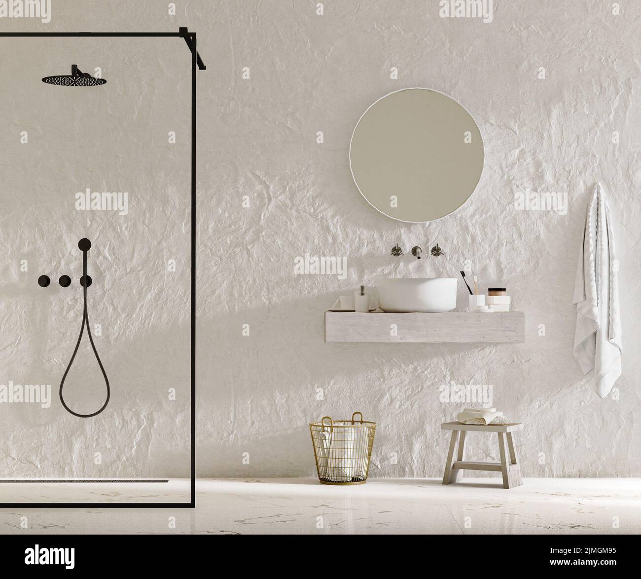 Modern bathroom interior with shower zone and dry zone with sink and ...