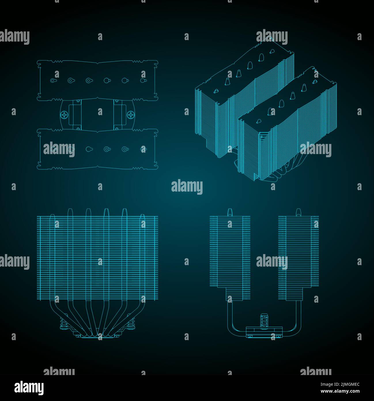Stylized vector illustration of blueprints of tower type CPU cooler ...