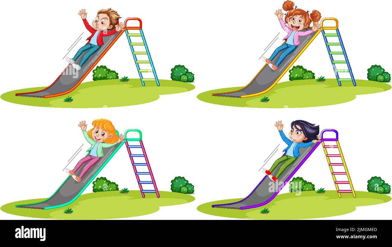 Set of different kids sliding down a slide illustration Stock Vector ...