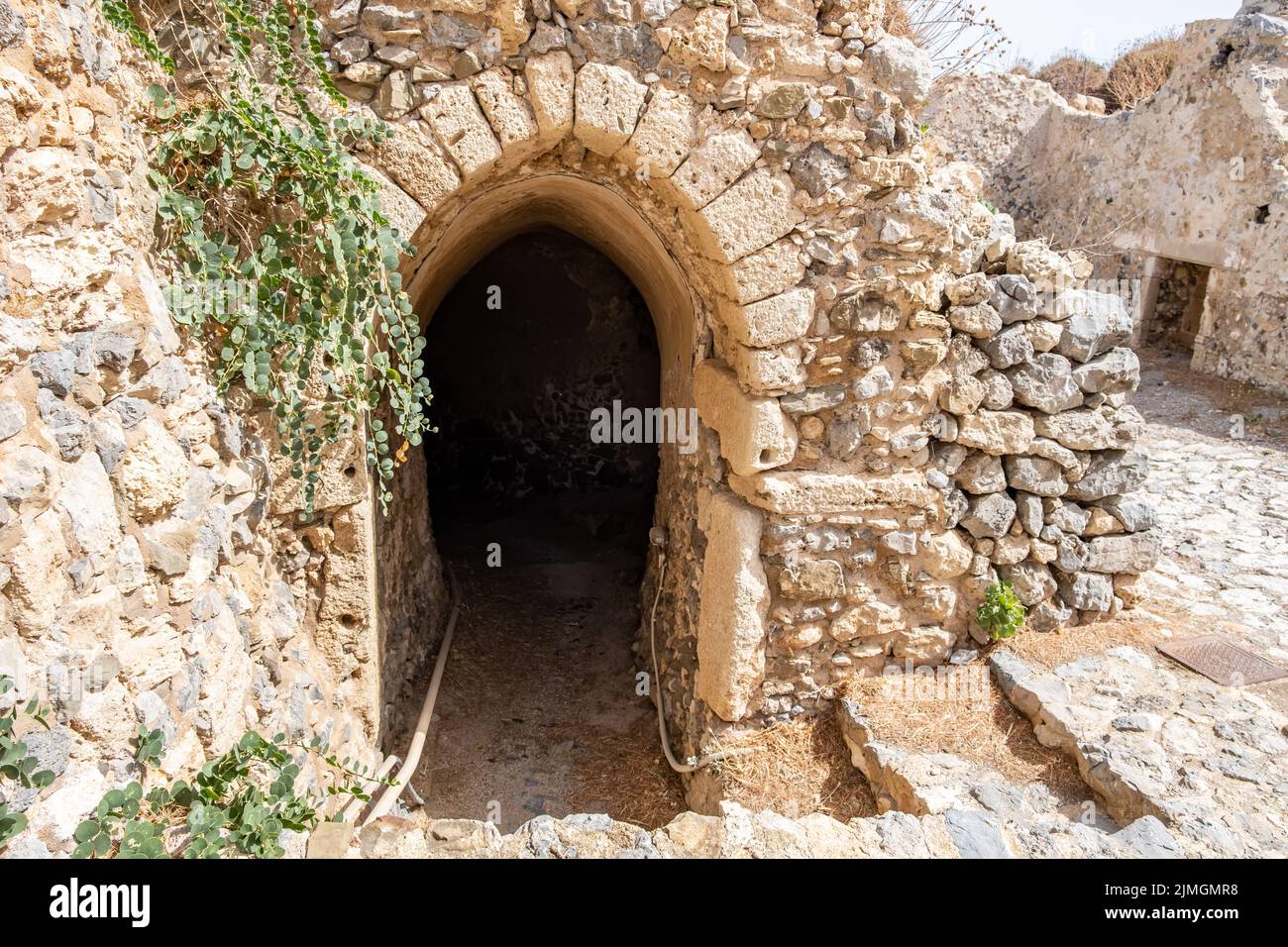 Kithira Chora Kastro Ionian islands, Greece. Stonewall ruined building ...