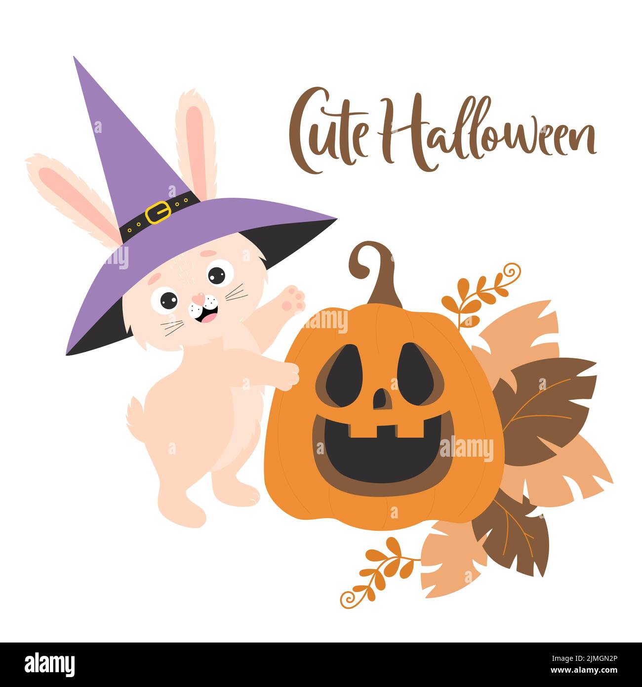 Cute Halloween. Funny rabbit in witchs hat with pumpkin Jack lantern ...