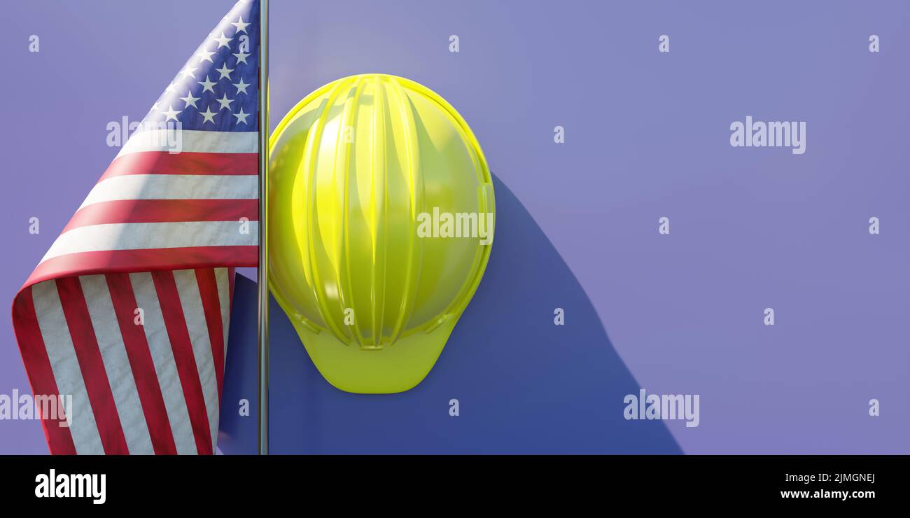 Labor Day. Construction yellow color safety helmet and USA flag on blue ...