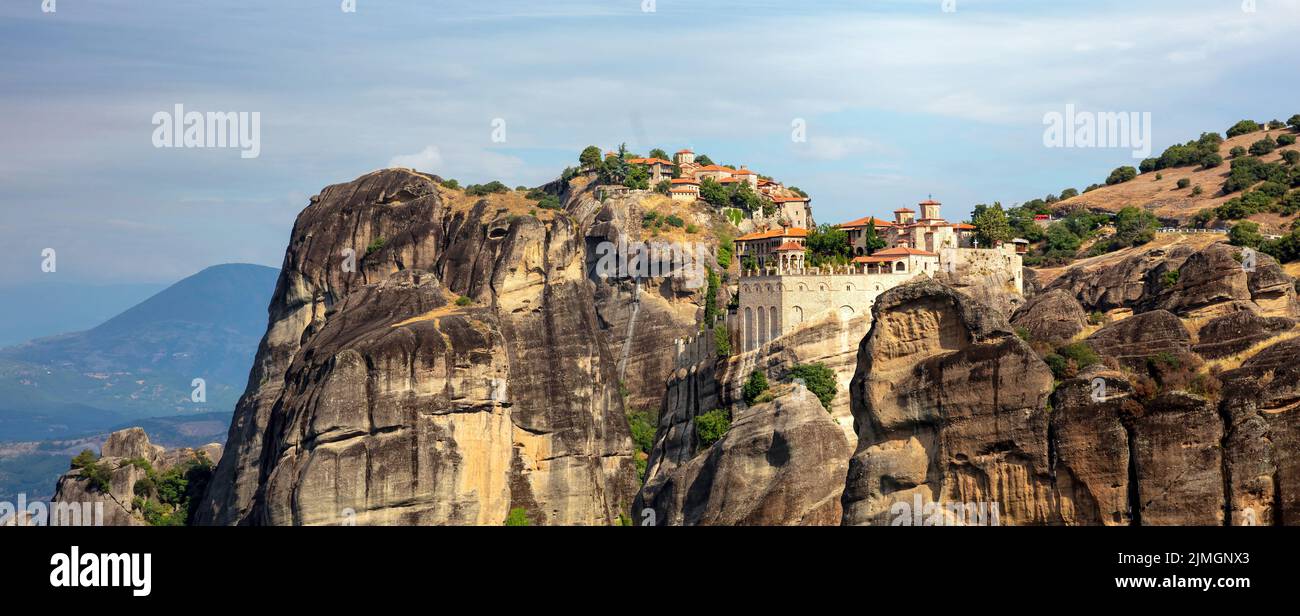Meteora Greece. Varlaam and Great Megalo Meteoro Monastery. Blue sky ...
