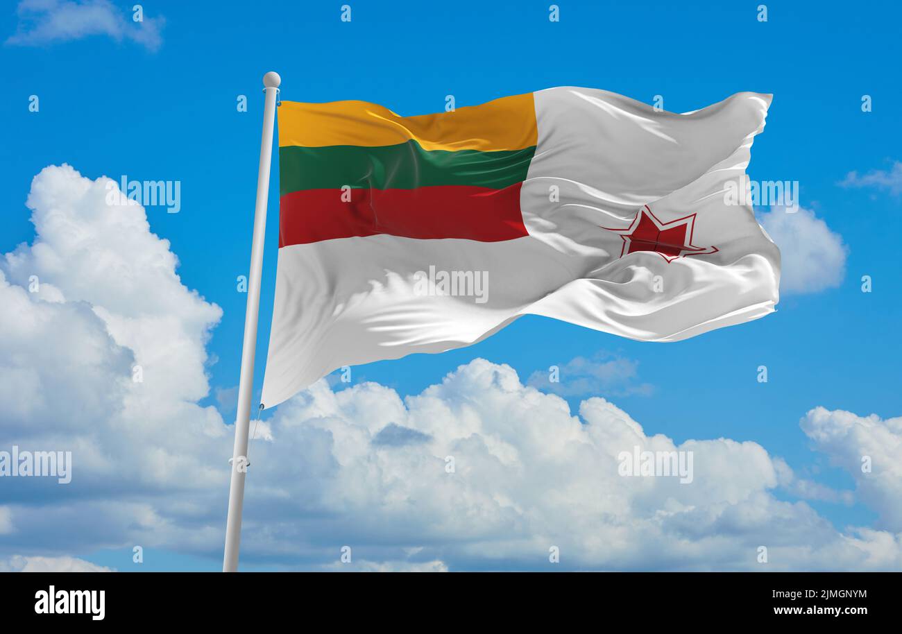 official flag of Naval commander 1 star lithuania at cloudy sky background on sunset, panoramic ...