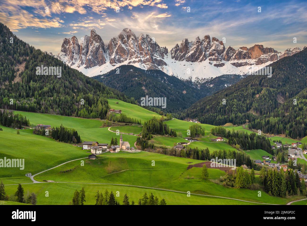 Dolomites Alps mountain sunset landscape at Santa Maddalena village ...