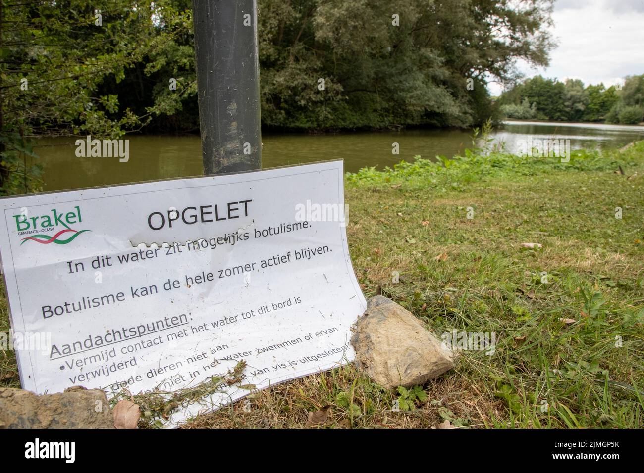 Illustration picture shows a botulism in the water warning sign near an ...