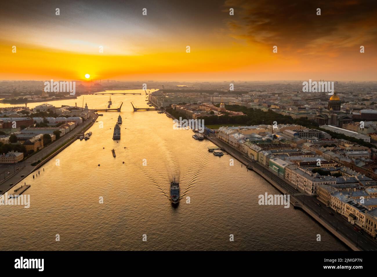 Aerial landscape with warships in the Neva River before the holiday of ...