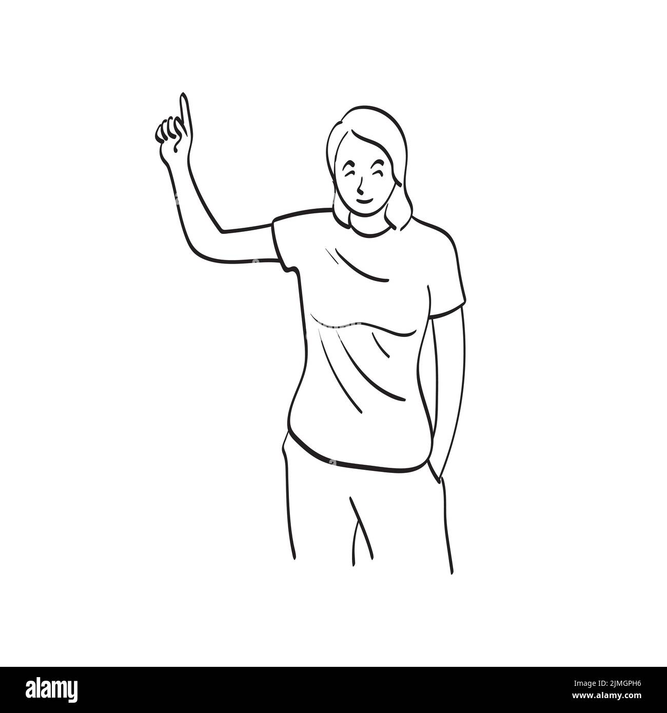 smiling woman pointing up illustration vector hand drawn isolated on ...