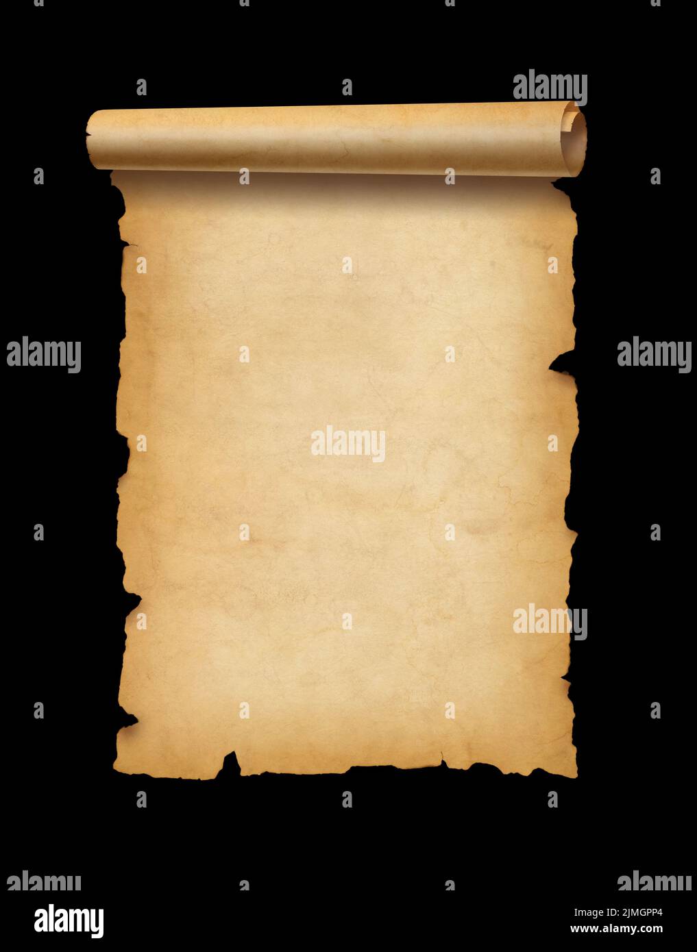 Old mediaeval paper sheet. Parchment scroll isolated on black Stock ...